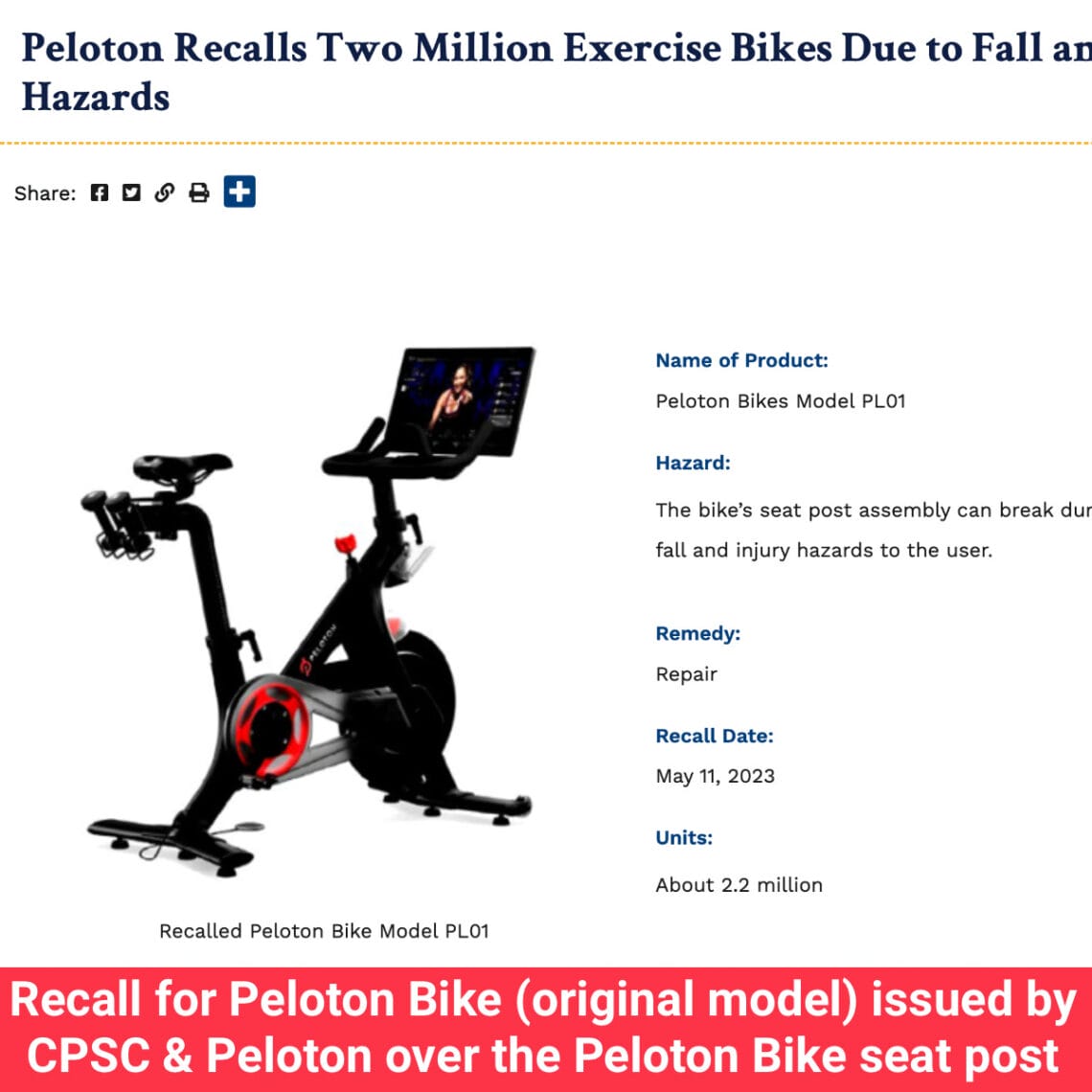 Recall for Peloton Bike (original model PL01) issued by CPSC & Peloton ...