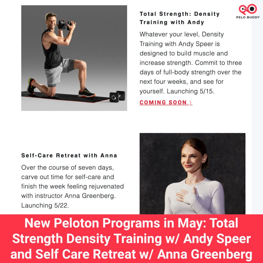 New Peloton Programs in May: Total Strength Density Training w/ Andy Speer and Self Care Retreat ...