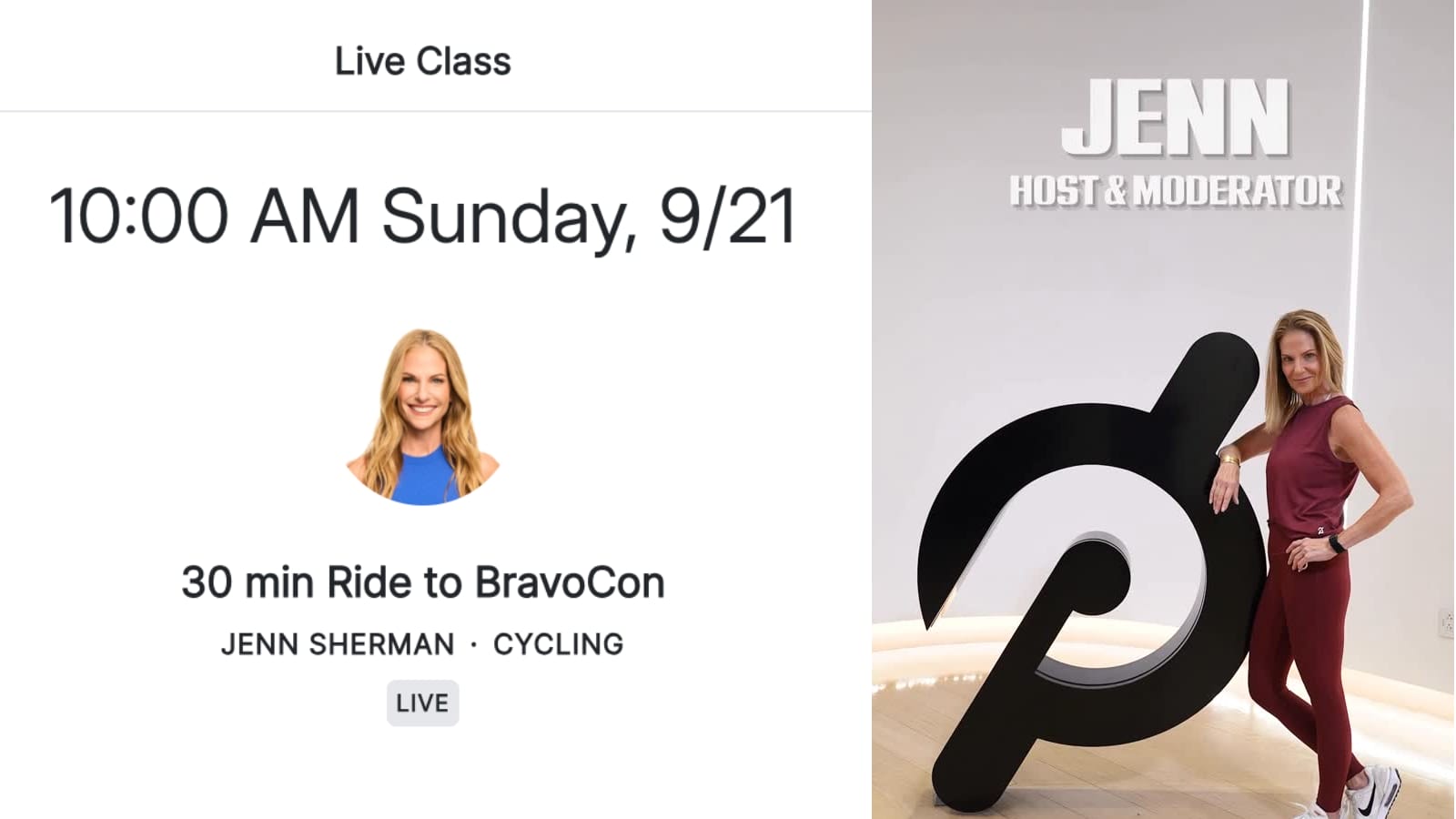 Peloton Bravo Class with Jenn Sherman ("Ride to BravoCon") on September ...